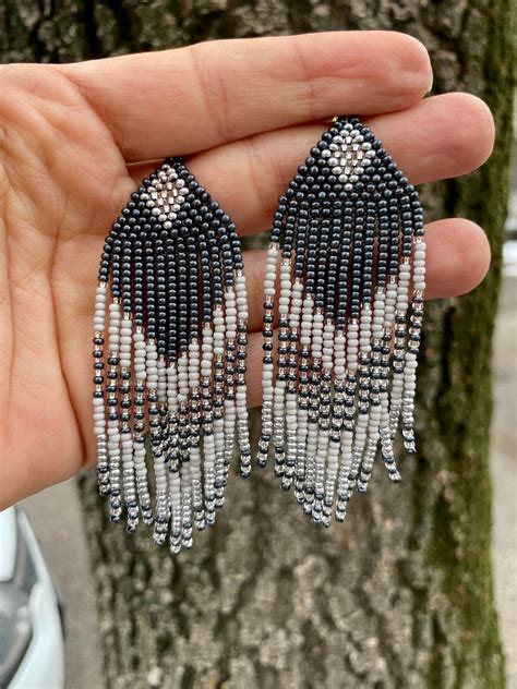 Silver Black Beaded Fringe Earrings Seed Bead Earrings Dangle Boho
