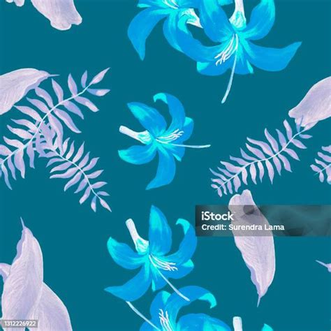 블루 열대 식물 Azure 원활한 단풍 보라색 패턴 일러스트레이션 보라색 꽃 예술 코발트 꽃 잎 네이비 데코레이션 텍스처 도면 공장 0명에 대한 스톡 벡터 아트 및 기타