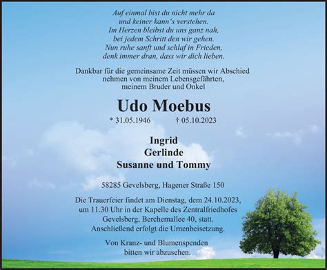 Traueranzeigen Von Udo Moebus Trauer In Nrw De