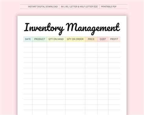 Inventory Management Printable Inventory Tracker Inventory Sheet Small Business Organiser
