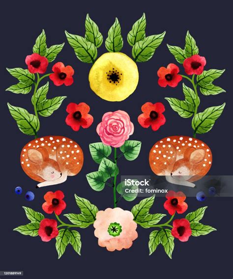 추상적 인 순진한 초원 꽃과 아기 사슴 수채화 발렌타인 엽서 디자인 엽서 배너에 손으로 그린 그림을 인쇄 할 준비가되어 있습니다 계절에 대한 스톡 벡터 아트 및 기타 이미지