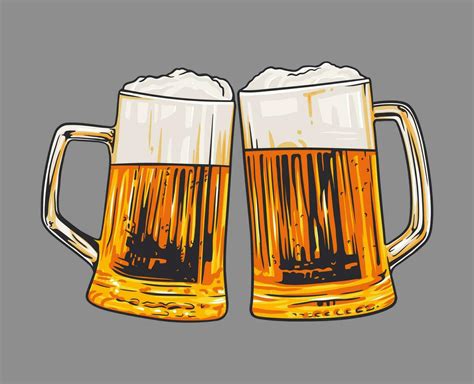 Illustration Of Two Toasting Beer Mugs Cheers Clinking Glass Tankards Full Of Beer Hand Drawn