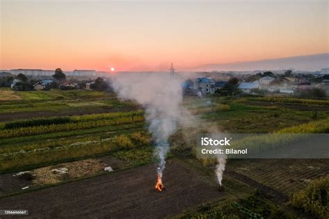 건조한 잔디와 짚 수염에서 농업 폐기물 모닥불의 공중 보기 지구 온난화와 발암 물질을 일으키는 농지에서 건조한 계절 동안 두꺼운 연기 오염 공기로 굽기 건조한에 대한 스톡