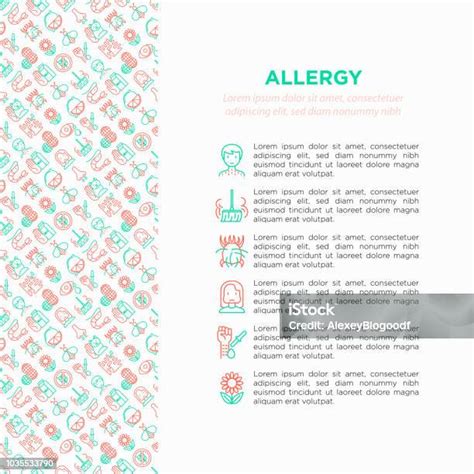 얇은 선 아이콘으로 알레르기 개념 콧 물 먼지 눈 유 당 편협 감귤 류 해산물 글루텐 무료 먼지 진드기 꽃 금형 땅콩 알레르기 테스트 부 종 스트리밍 벡터 일러스트입니다