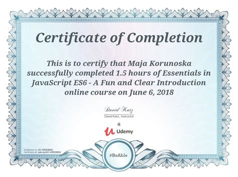 completion certificate for essentials in javascript es6 a fun and