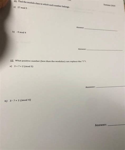 Solved Find The Modulo Class To Which Each Number Chegg