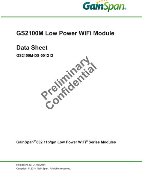 Gainspan Gs2100mip Ultra Low Power Wi Fi Module User Manual