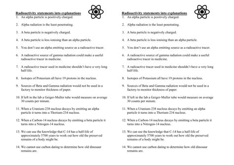 Radioactivity Statements Explanations Worksheet