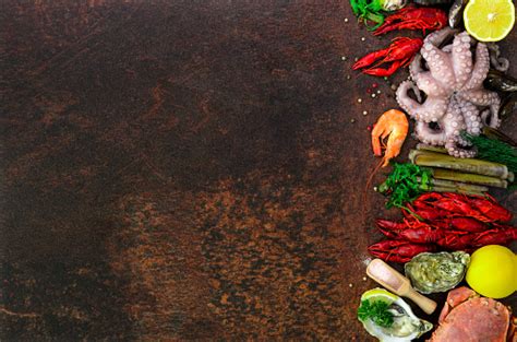 해산물 배경신선한 홍합 연체 굴 낙 지 면도기 조개 새우 게 가재 가재 해 초 레몬 향료 Copyspace와 배너 0명에 대한 스톡 사진 및 기타 이미지 Istock