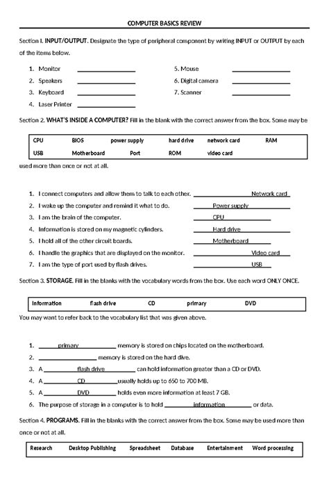 computer basics worksheet g9 computer basics review section i input