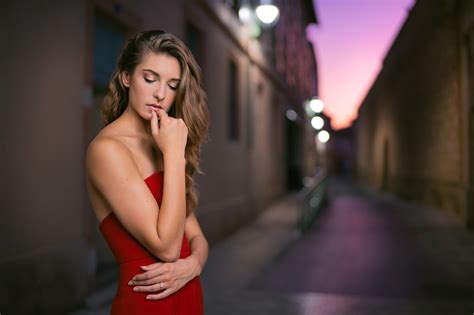 Red Dress Blonde Girl Outdoor Evening Wallpaperhd Girls Wallpapers4k