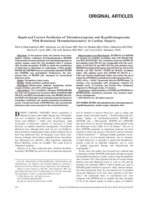 Pdf Rapid And Correct Prediction Of Thrombocytopenia And Hypofibrinogenemia With Rotational