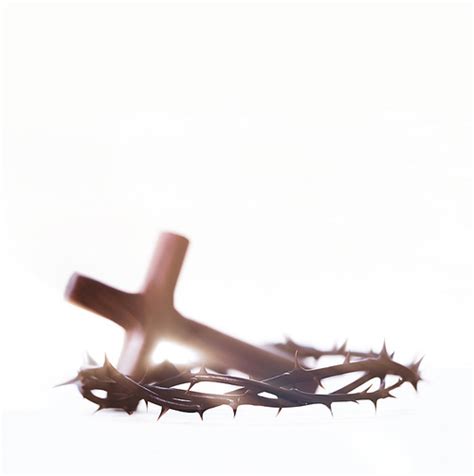 예수그리스도의 희생과 고난을 상징하는 가시면류관과 부활의 십자가 그리고 밝은 빛과 흰색 배경 유토이미지 상세페이지 베이직샵 사진 22055292