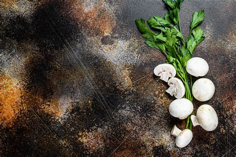 원시 미니 버섯 샴피뇽 어두운 배경 맨 위 보기 텍스트를 위한 공간 갈색에 대한 스톡 사진 및 기타 이미지 갈색 건강한 생활방식 건강한 식생활 Istock