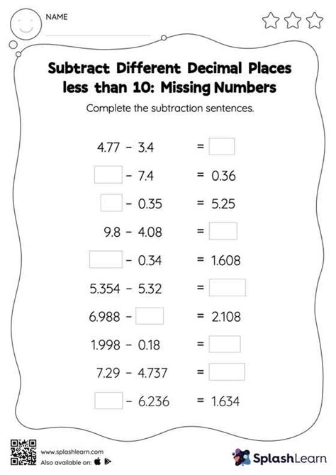 Subtract Different Decimal Places Less Than 10 Missing Numbers Math Worksheets Splashlearn