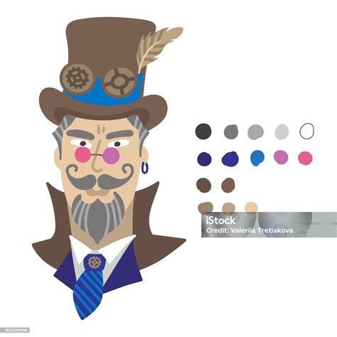 스팀 펑크 남자 얼굴 백발 수염 콧수염과 모자 안경 흰색 배경에 고립 된 고글을 가진 아바타 카드 파티 전단지 포스터 배너 웹 광고에 대 한 벡터 일러스트 레이 션 개념에