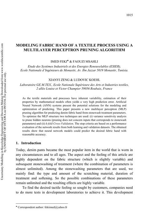 pdf modeling fabric hand of a textile process using a multilayer