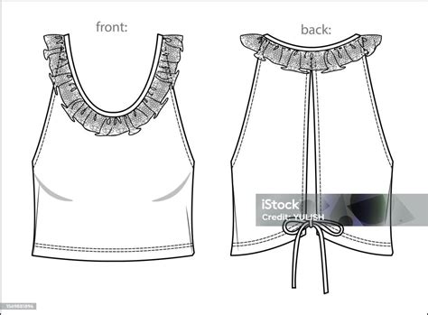 벡터 여자 홀터 넥 블라우스 스케치 민소매 티 패션 Cad 여름 크롭 탑 기술 도면 여성 플랫 템플릿 저지 또는 짠 직물 탱크 탑 앞면 뒷면보기 흰색 0명에 대한 스톡 벡터
