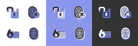 Set Fingerprint Open Padlock Firewall Security Wall And Cancelled Fingerprint Icon Vector