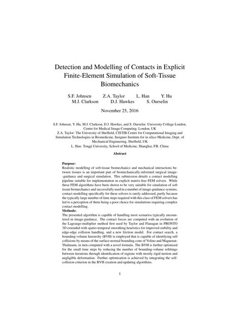 Pdf Detection And Modelling Of Contacts In Explicit Finite Element Simulation Of Soft Tissue