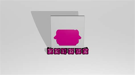 벽에 아이콘이있는 냉장고의 3d 표현과 개념 의미 및 슬라이드 쇼 프리젠 테이션을위해 거울 바닥에 금속 입방 문자로 정렬 된 텍스트 일러스트와 만화 0명에 대한 스톡 사진