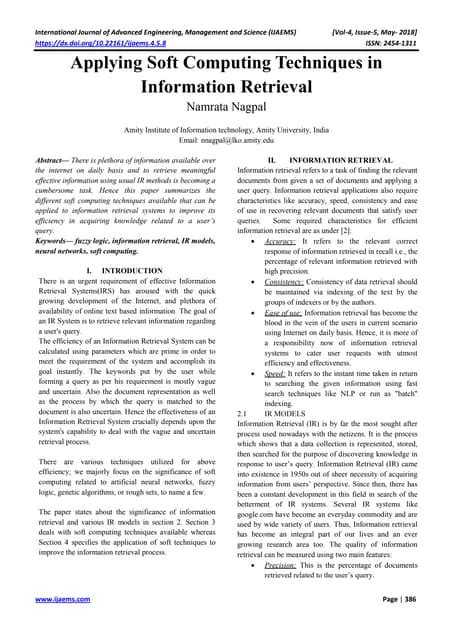 Applying Soft Computing Techniques In Information Retrieval Pdf Search Internet