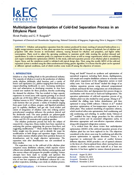 Pdf Multiobjective Optimization Of Cold End Separation Process In An Ethylene Plant