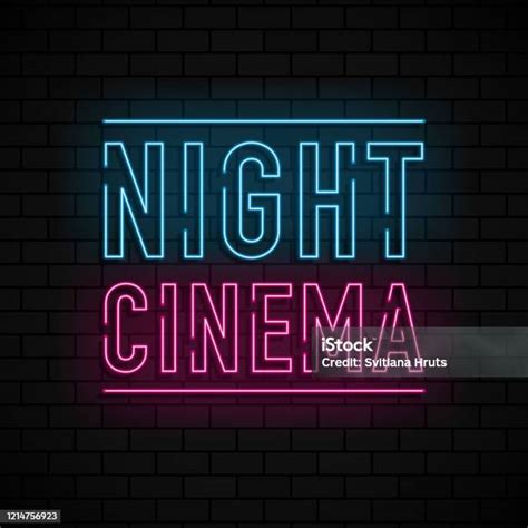나이트 시네마 네온 사인 밝은 간판 검은 벽돌 배경에 빛 배너 벡터 간판에 대한 스톡 벡터 아트 및 기타 이미지 간판 개념 거리 Istock