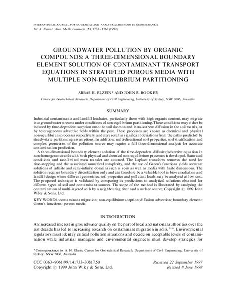 Pdf Groundwater Pollution By Organic Compounds A Three‐dimensional Boundary Element Solution