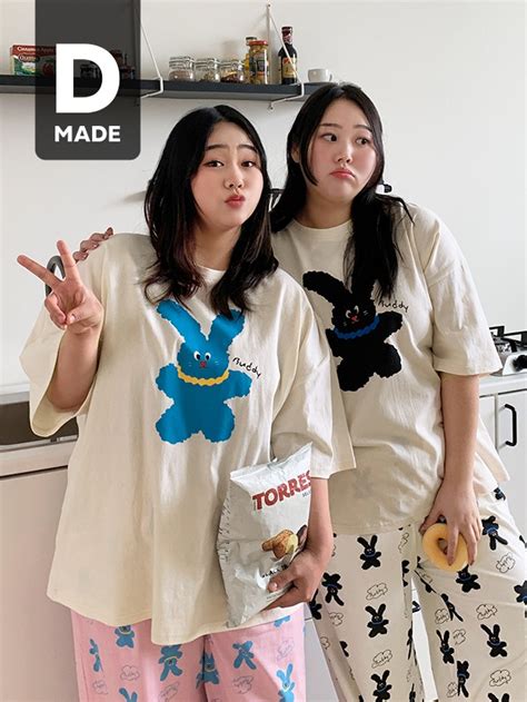 당당걸 Made 빅사이즈 55 120 구름 토끼 반팔 밴딩 팬츠 코튼 파자마 잠옷 세트