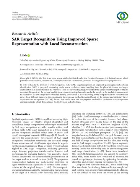 Pdf Sar Target Recognition Using Improved Sparse Representation With Local Reconstruction