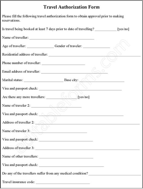 Travel Authorization Form Editable Pdf Forms