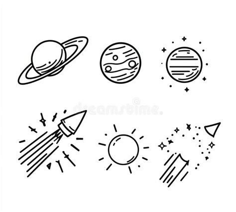 Line Art With A Simple Design Of Space Objects Like Comets Planets