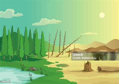 토지 악화와 기후 변화 글로벌 사막화 환경 문제 토양 침식 지구 온난화 개념 나무에 대한 스톡 벡터 아트 및 기타 이미지 나무 메마른 풍경 Istock