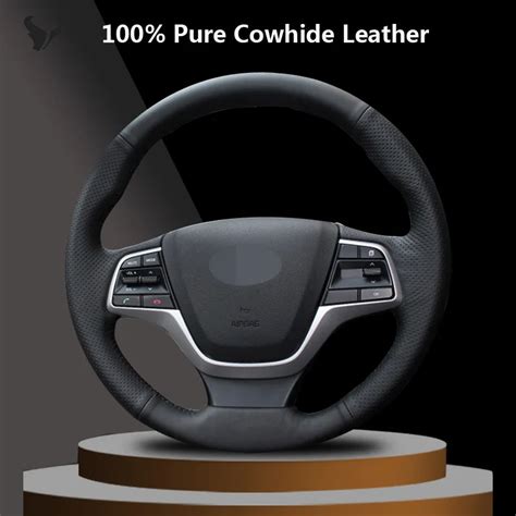 현대 엘란트라 4 2016 2017 솔라리스 2017 액센트 2018 블랙 정품 가죽 자동차 핸들 커버 액세서리 자동차 핸들 커버 스티어링 커버 Aliexpress