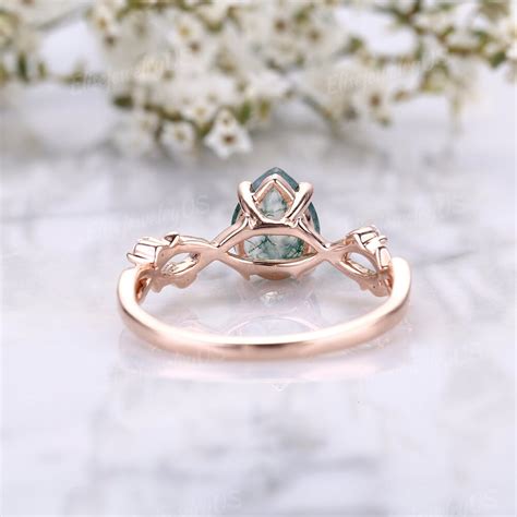 Pear Moss Agate Engagement Ring Diamond Twig Ring Leaf Rings Etsy