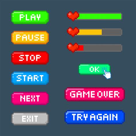 Game Button Pixel Art With Cursor Hand Clicking Heart Blood Bar Game Pixel Art Vector