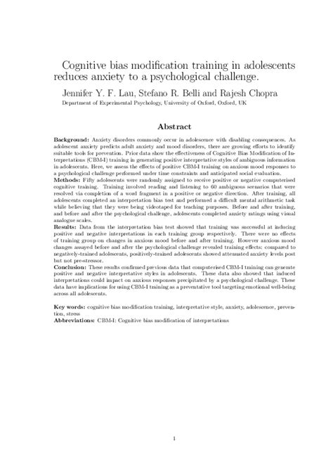 Pdf Cognitive Bias Modification Training In Adolescents Reduces Anxiety To A Psychological