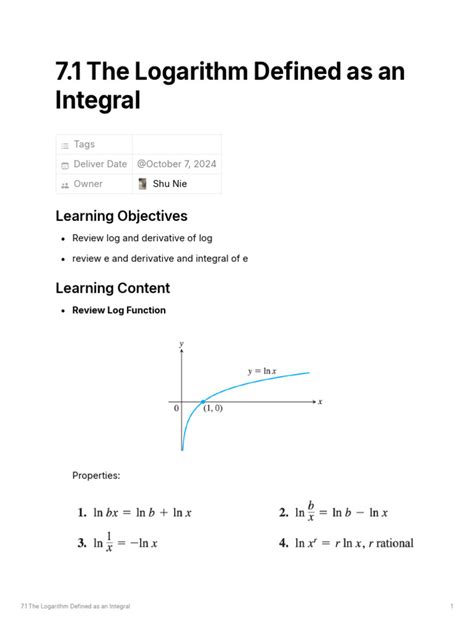 7 1 The Logarithm Defined As An Integral Part 1 Pdf Teaching Methods And Materials Science