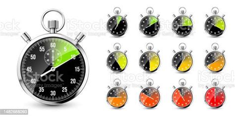 현실적인 클래식 스톱워치 샤이니 메탈 크로노미터 다이얼이 있는 타임 카운터 분과 초를 보여주는 다채로운 카운트 다운 타이머 스포츠 시작 및 종료에 대한 시간 측정 벡터 그림