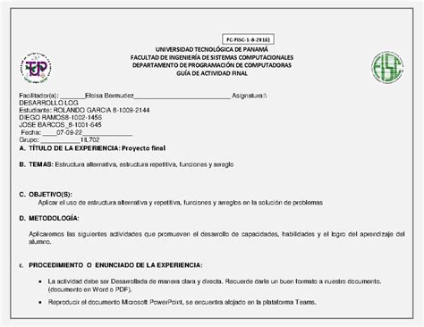 Proyecto Final De Desarrollo Logico Y Algoritmo 2022 Universidad TecnolÓgica De PanamÁ