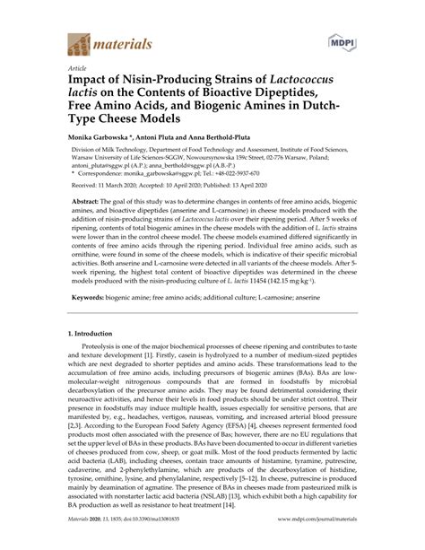Pdf Impact Of Nisin Producing Strains Of Lactococcus Lactis On The Contents Of Bioactive