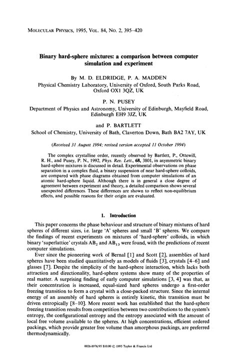 Pdf Binary Hard Sphere Mixtures A Comparison Between Computer Simulation And Experiment