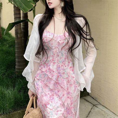 여름신상비치 휴양지룩 해변룩 바캉스룩 여신원피스 플라워 프릴 쉬폰 롱원피스 시스루 볼레로 가디건 투피스세트 몸매보정 드레스 여름신상 여행 스냅 컨셉촬영 인기상품
