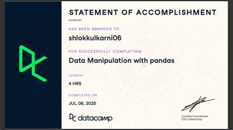 🧠 just completed the “data manipulation with pandas” course by datacamp