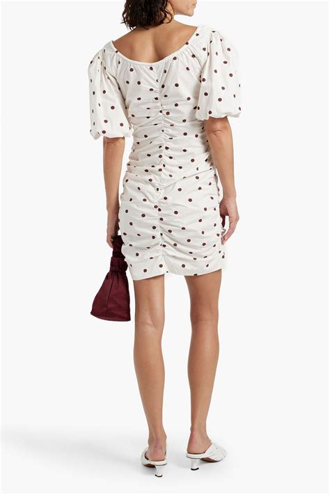 Ganni Ruched Polka Dot Cotton Poplin Mini Dress The Outnet