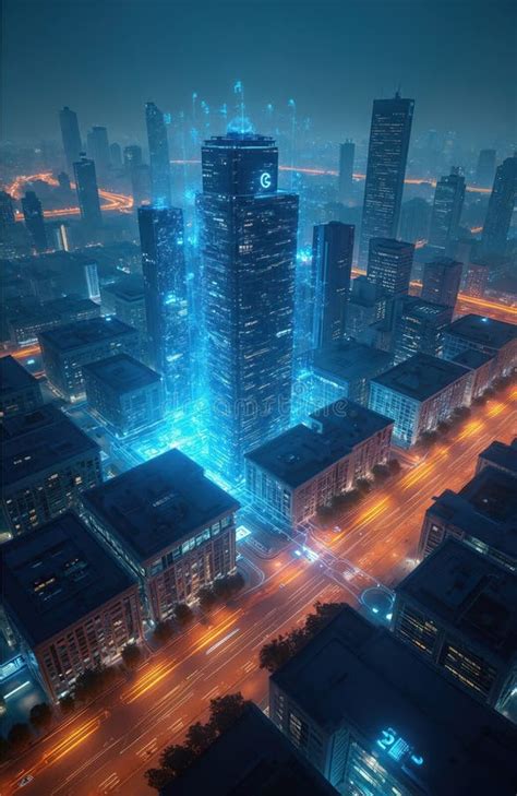 Futuristic Night Cityscape With Glowing 5g Network And Iot Devices