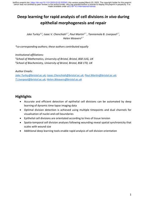 Pdf Deep Learning For Rapid Analysis Of Cell Divisions In Vivo During Epithelial Morphogenesis