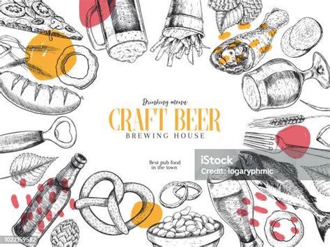 손 옥 토 버 페스트 술집 포스터를 그려 맥주와 스낵 벡터 유리 병 오프너 물고기 꽈 배기 보 리 홉 음식 알코올 음료를 바 크