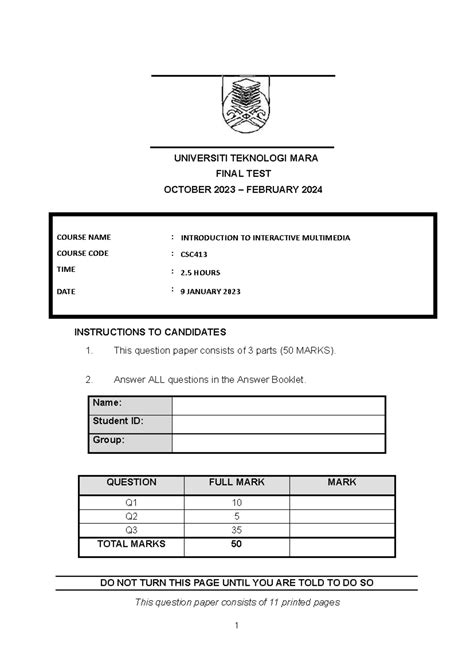 Csc413 Past Test 2023 Introduction To Interactive Multimedia Universiti Teknologi Mara Final